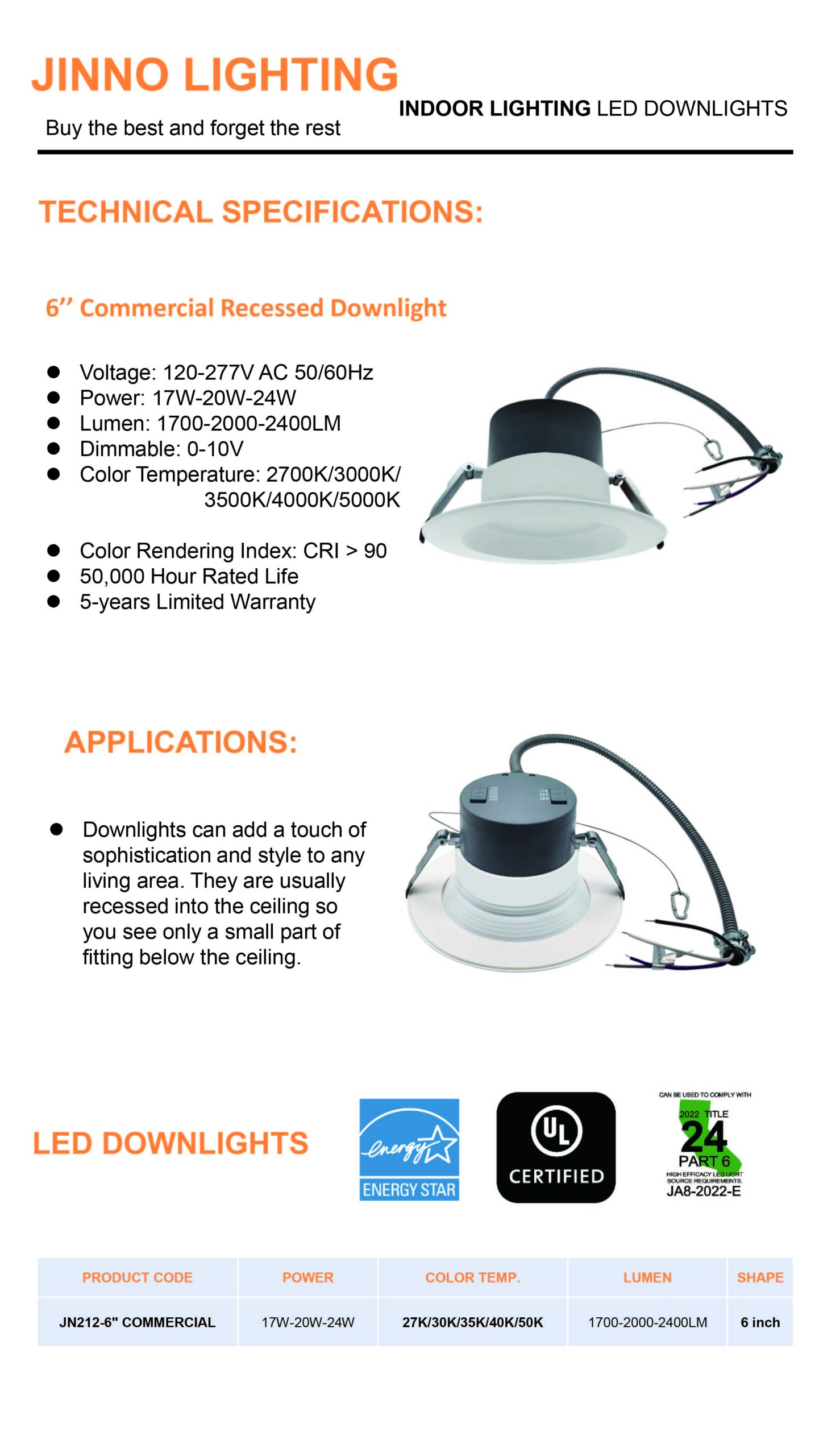 JN212 6″ LED COMMERCIAL WHITE SMOOTH 5CCT 120V – JINNO LIGHTING brand ...